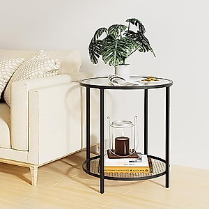 CADANI End Table, Glass Side Table with Open Storage, 2-Tier Black Accent Table with Sturdy Metal Frame, Modern Round Coffee Table for Living Room, Bedroom, Balcony, Patio