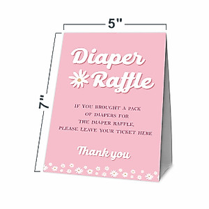 Baby Shower Games, 1 Diaper Raffle Standing Sign with 50 Diaper Raffle Tickets, Retro Bohemian Hippie Vibes Floral Daisy Theme Gender Reveal Party Decorations and Supplies For Boys or Girls(LBLK-A08)