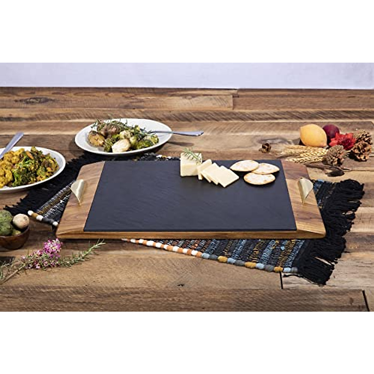 TOSCANA - a Picnic Time brand Covina Slate Serving Tray, Charcuterie Board Set, (Acacia Wood & Slate Black with Gold Accents) Large