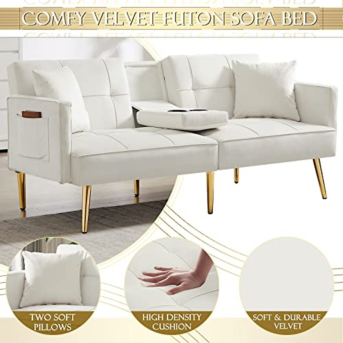 Obuvar Convertible Velvet Futon Sofa Bed, Upholstered Modern Sleeper Sofa with 2 Cup Holders, Modern Living Room Loveseat Couch with 3 Adjustable Angles and 6 Metal Legs, Off White (Line Backrest)