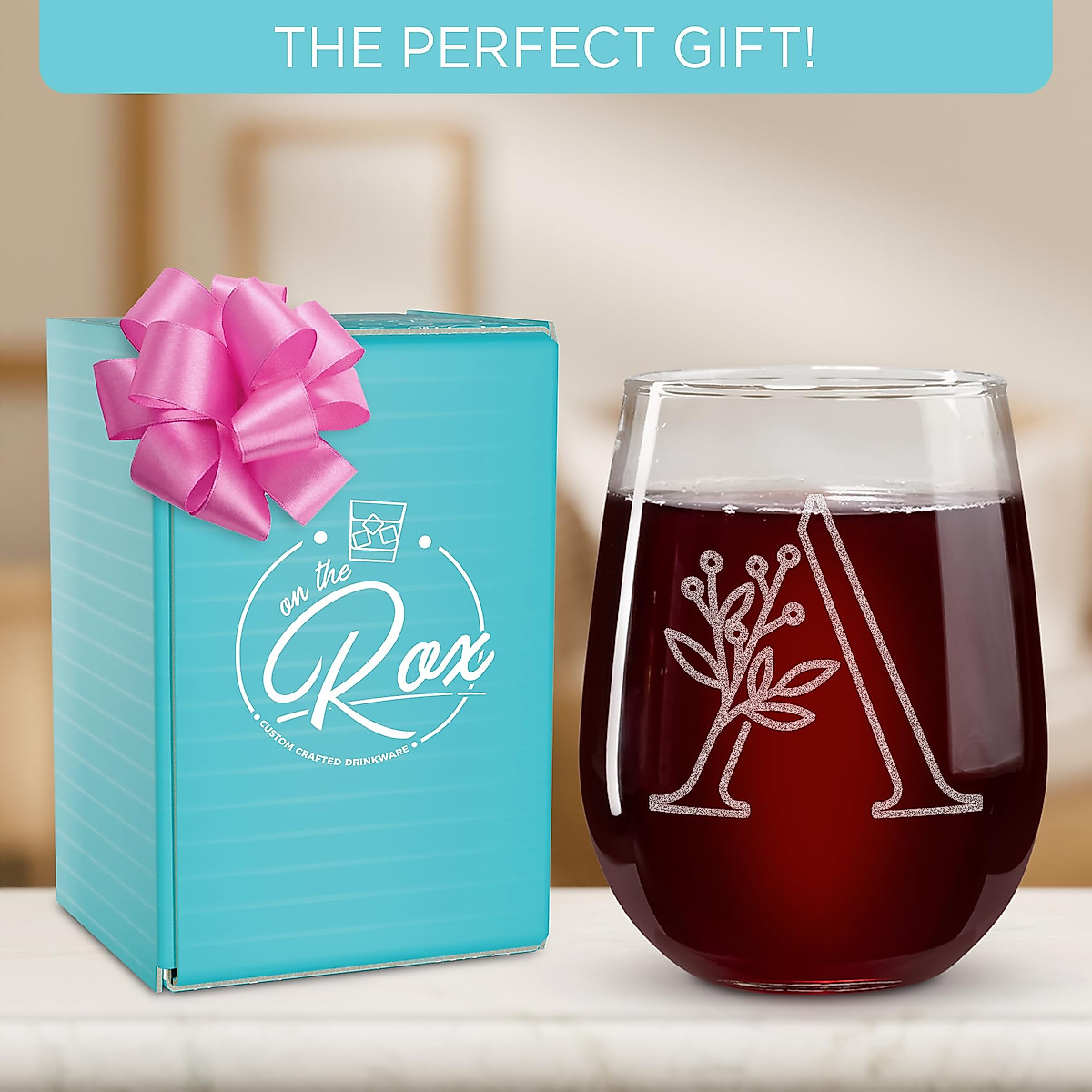 On The Rox Drinks Monogrammed Gifts For Women and Men - Letter A-Z Initial Engraved Monogram Stemless Wine Glass - 17 Oz Personalized Wine Gifts For Women and Men (A)