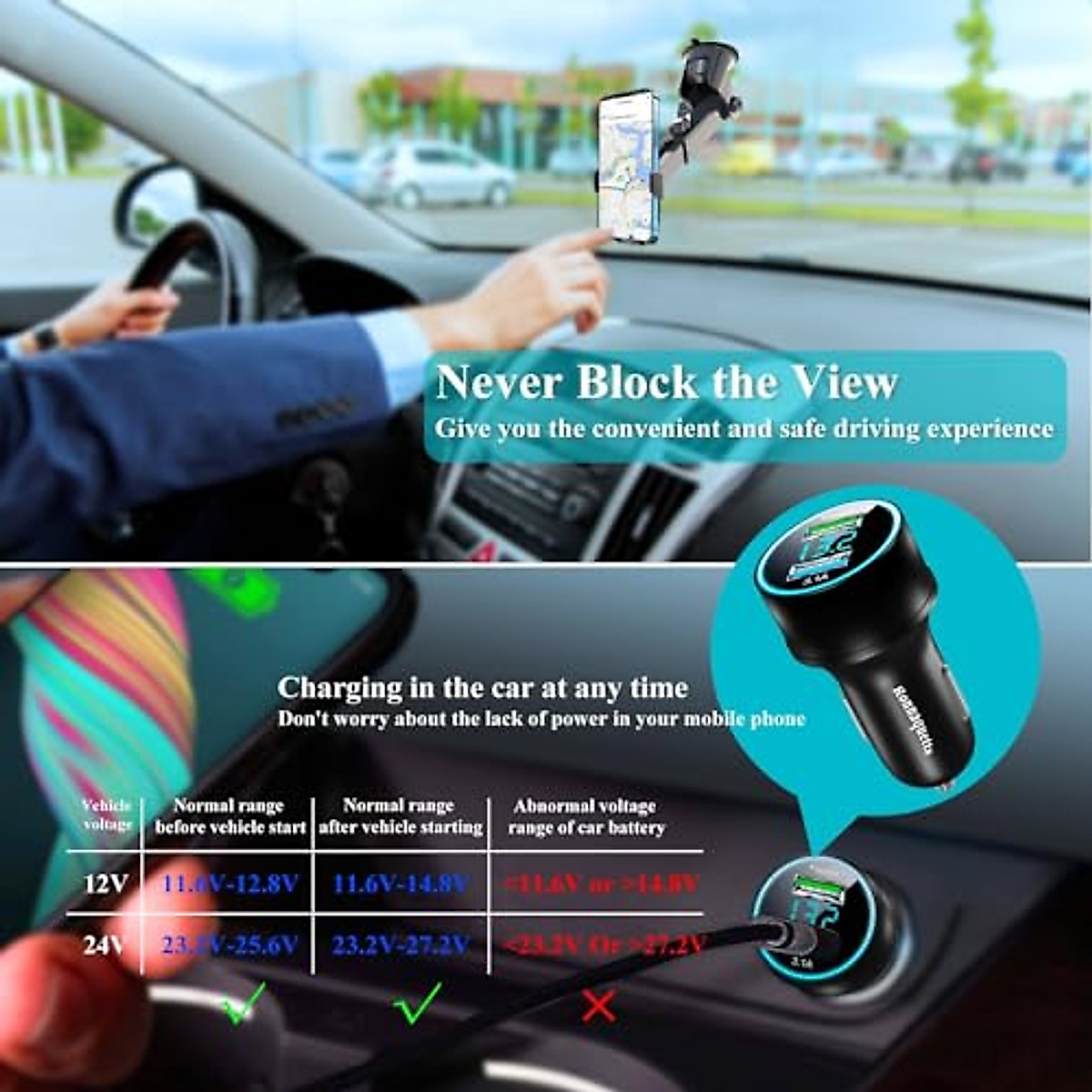 Ronnaquetta Phone Holder Car 1S Quick Release, Car Charger Voltage Display Car Phone Holder Adjustable 360 Rotation Phone Mount Cell Phone Car Mount be Applied to Dashboard or Windshield