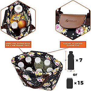 opux Lunch Bag Women, Insulated Lunch Box For Women, Large Womens Lunch Tote Work Office, Cute Soft Cooler Food Meal Prep Organizer, Cute Floral Lunch Purse Picnic Travel Beach, Flower Black