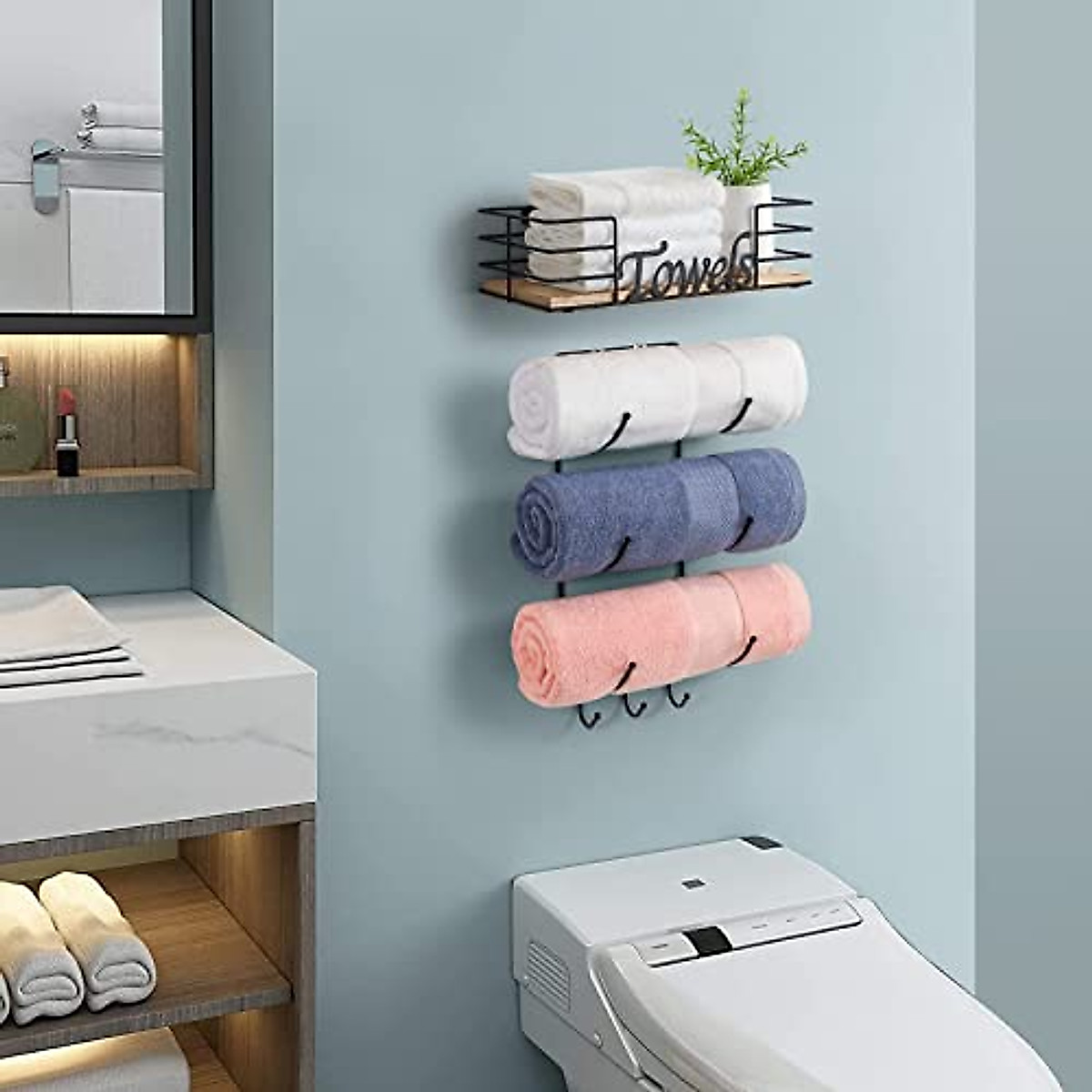 Towel Racks for Bathroom, Towel Holder Wall Mounted for Small Bathroom Wall, Roll Towel Rack with 3 Towel Hooks and Wooden Shelf, Drilling and No-Drill Installation Options Available, Black