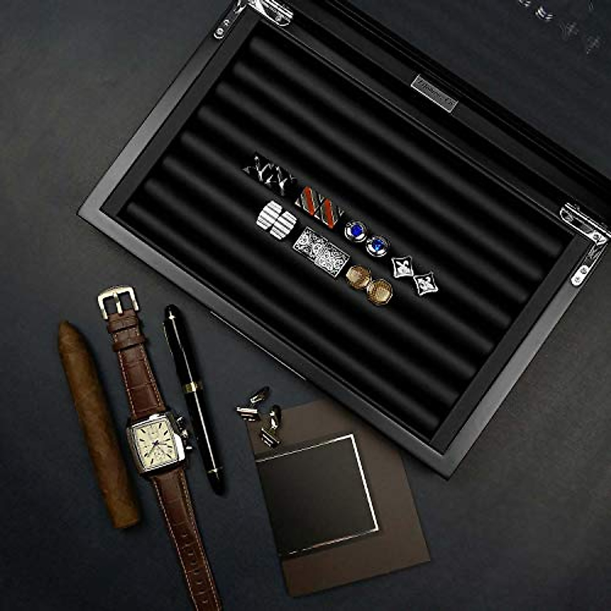 Lifomenz Co Wood Cufflink Box with Glass Window Cufflink Display Case Ring Organizer and Cufflink Box for men Hold 36-46 Pairs