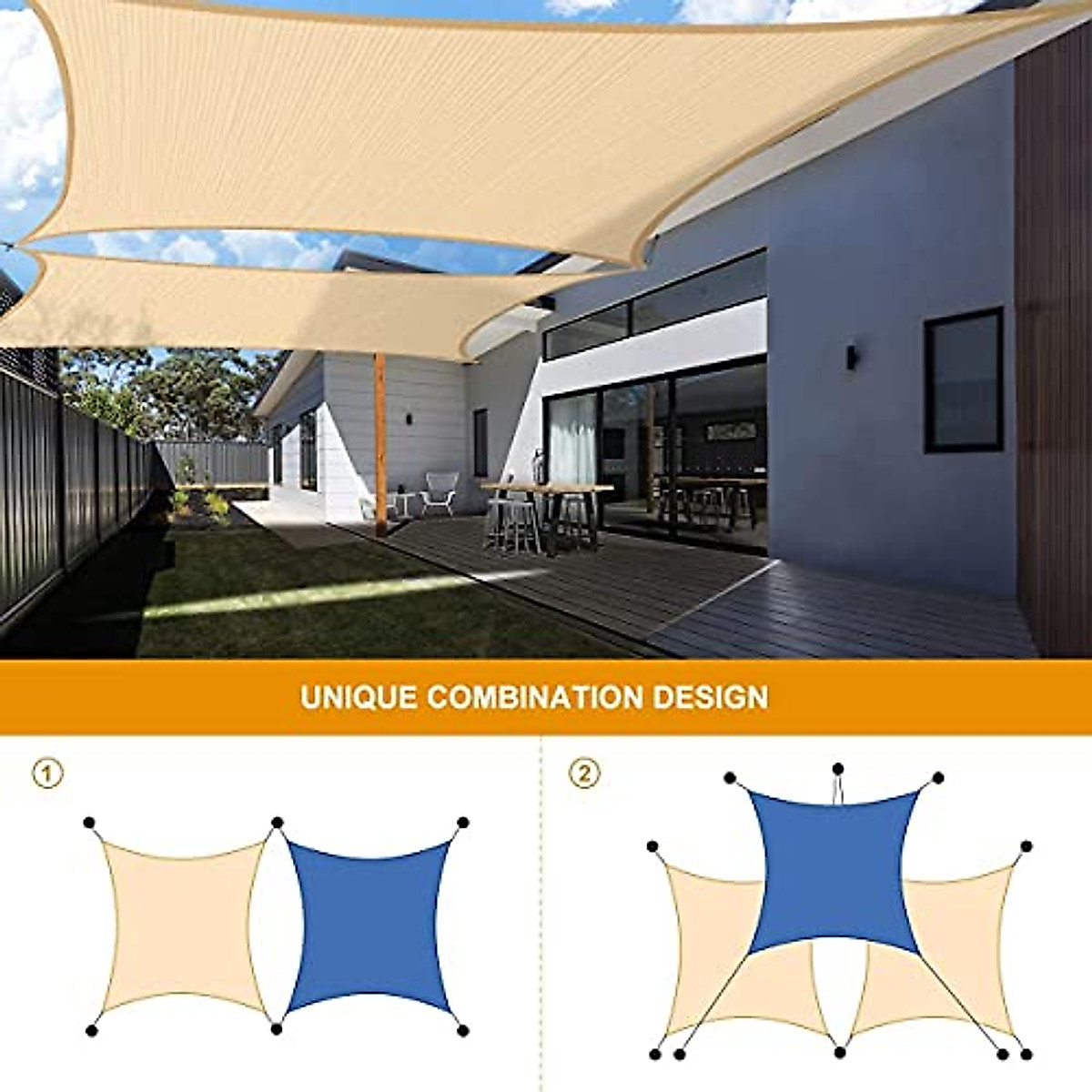 Patio Sun Shade Sail 12' x 16' Rectangle: UV Block Canopy Sunshade Cover - 185 GSM Thicker Sail Shade for Deck Pergola Garden Backyard Outdoor