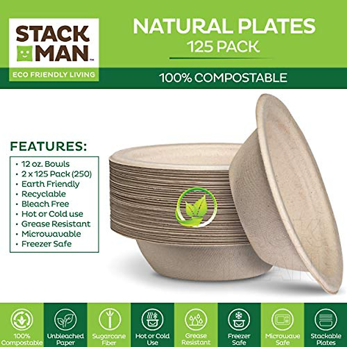 100% Compostable 12 oz. Paper Bowls [125-Pack] Heavy-Duty Quality Natural Disposable Bagasse, Eco-Friendly Biodegradable Made of Sugar Cane Fibers