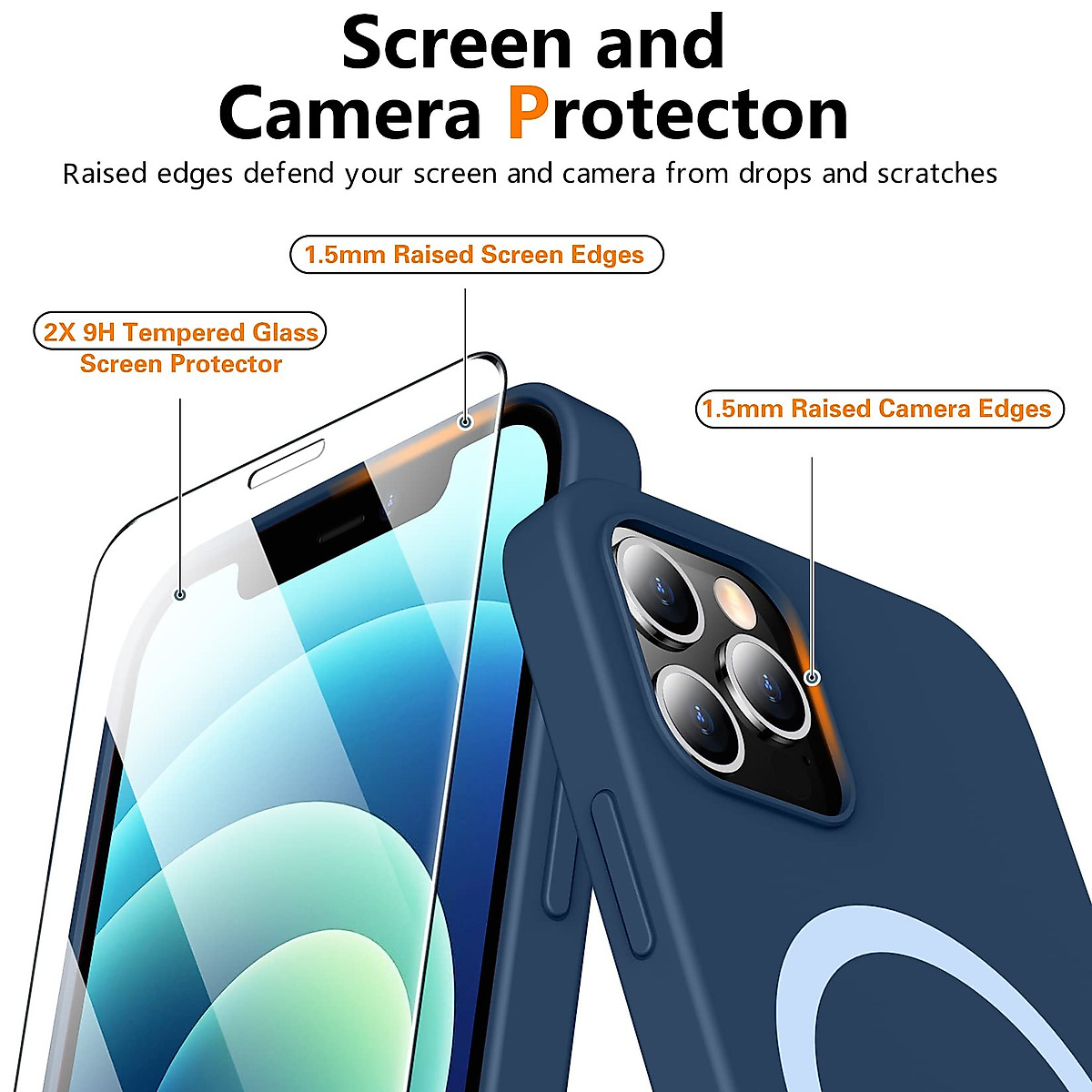 Temdan Liquid Silicone for iPhone 12 Case for iPhone 12 Pro Case with Magsafe,[2*Glass Screen Protector][Soft Anti-Scratch] Shockproof for iPhone 12 Case iPhone 12 Pro Case 6.1 inch-Seablue