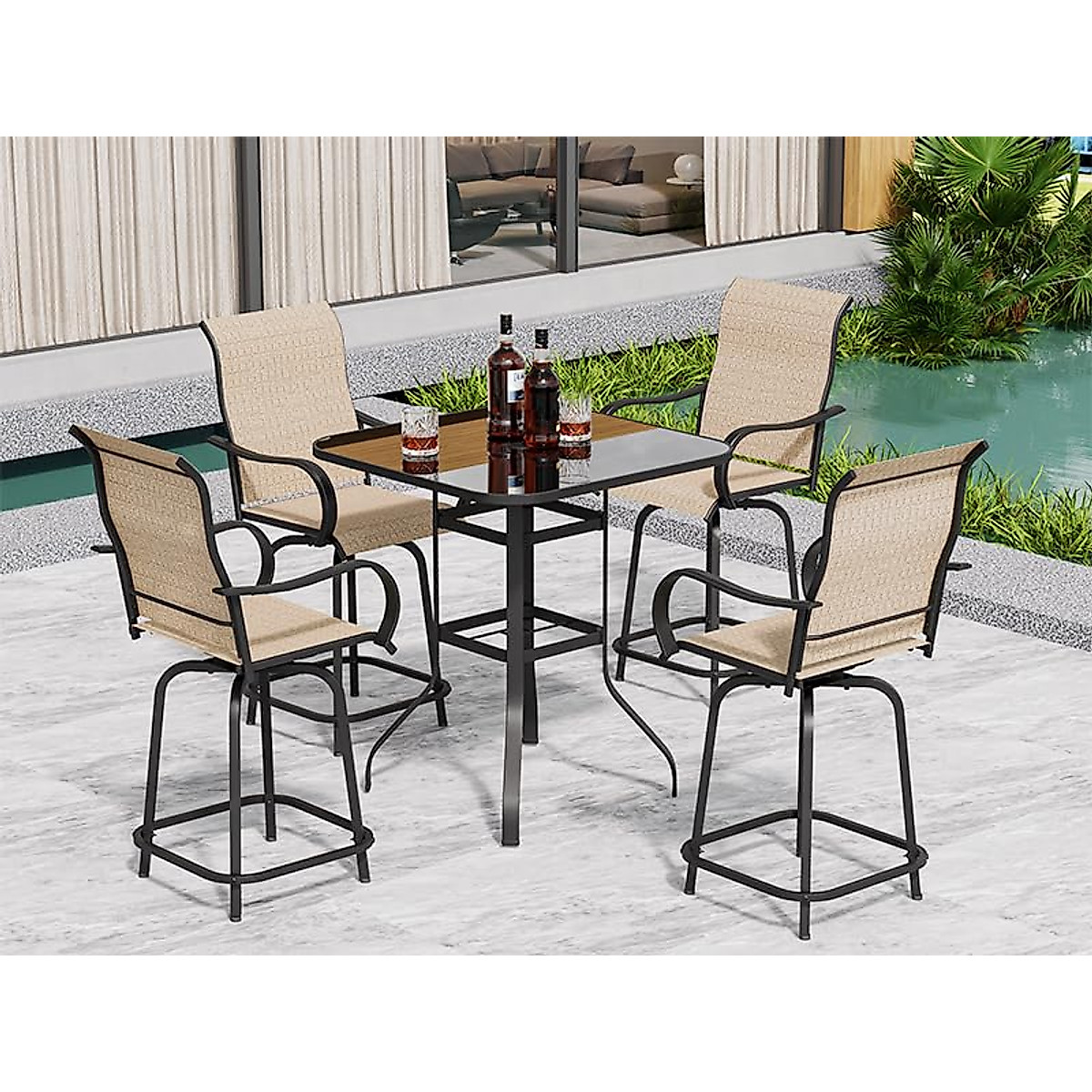 VONZOY 5 Pieces of Patio Swivel Bar Stools Set with 4 Outdoor Bar Height Chairs and 1 Bar Table - High Top Bistro Set for Deck, Pool, Garden, Backyard - All-Weather Metal Frame Textilene Fabric, Brown