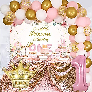 Little Princess 1st Birthday Decorations for Girls, Pink White and Gold Balloon Arch Kit, Pink 1 Balloon for First Birthday, Gold Crown Foil Balloon, Our Little Princess Is Turning One Backdrop