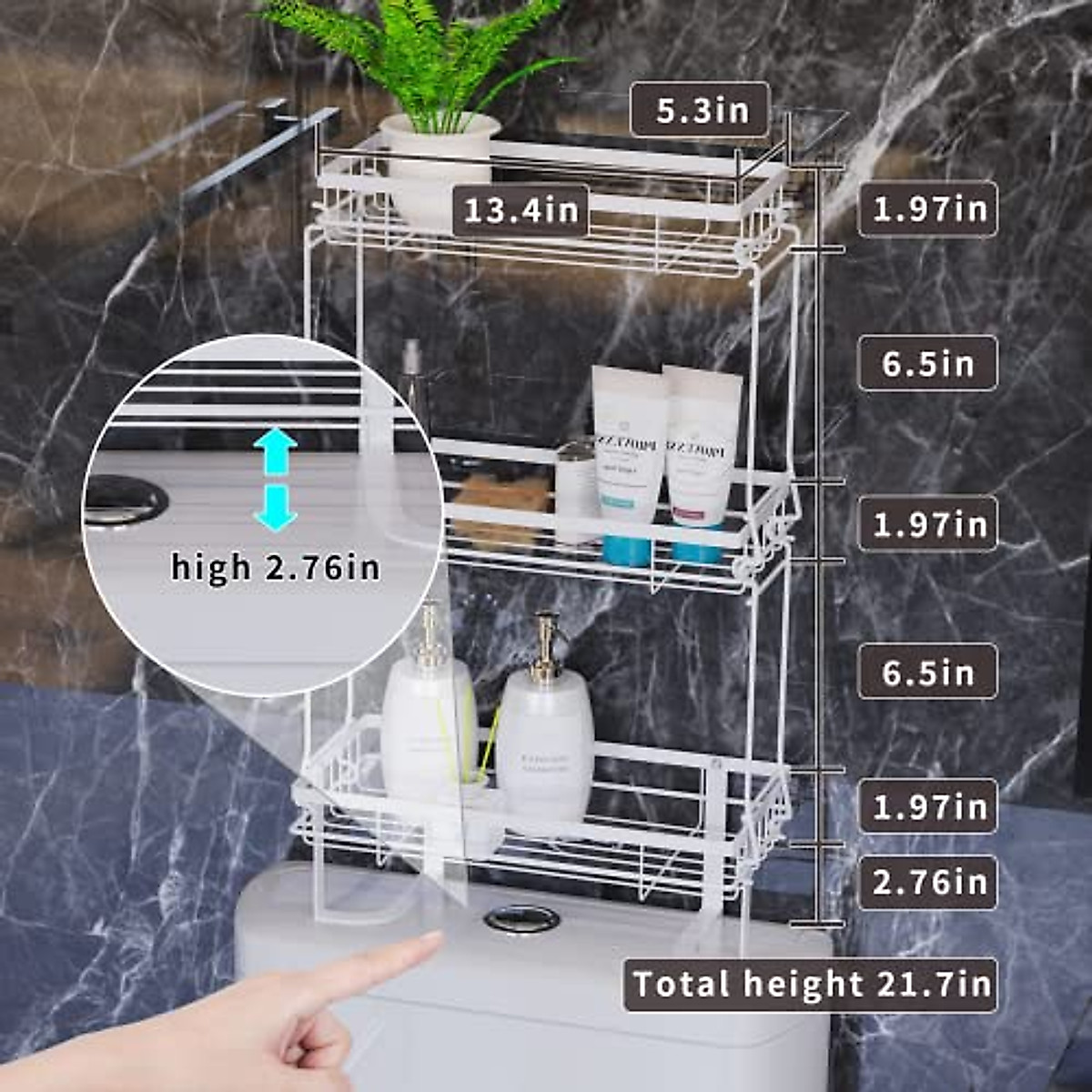 VIREESR Over The Toilet Storage Shelf, 1/2/3 Tier Bathroom Metal Storage Organizer Punch-Free Toliet Storage Shelf, Home Storage Rack with Hooks (3 Tier, White)