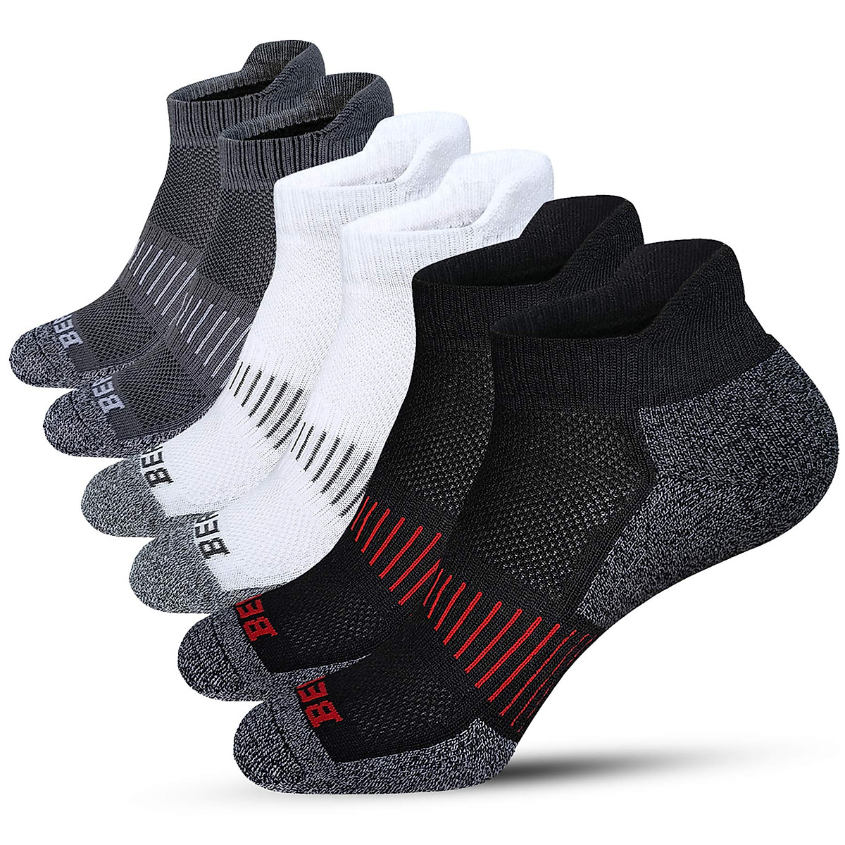 BERING Men's Athletic Cushioned Low Cut Ankle Running Socks, Multicolor, Size 9-12, 6 Pack