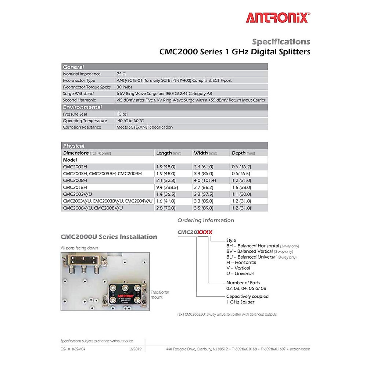 Antronix CMC2002H 2-Way- (5) Pack - Horizontal Splitter (2) -3.5db Ports 5-1002 MHz High Performance Profession Quality for Coax Cable TV & Internet Factory Sealed with Screws