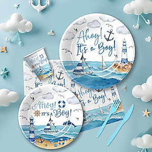Suhelkit Ahoy Its A Boy Baby Shower Decorations Tableware - Nautical Baby Boy Decorations, Plate, Cup, Napkin, Disposable Cutlery, Anchor Nautical Party Supplies For Sailor Boat Baby Shower | 24 Guest