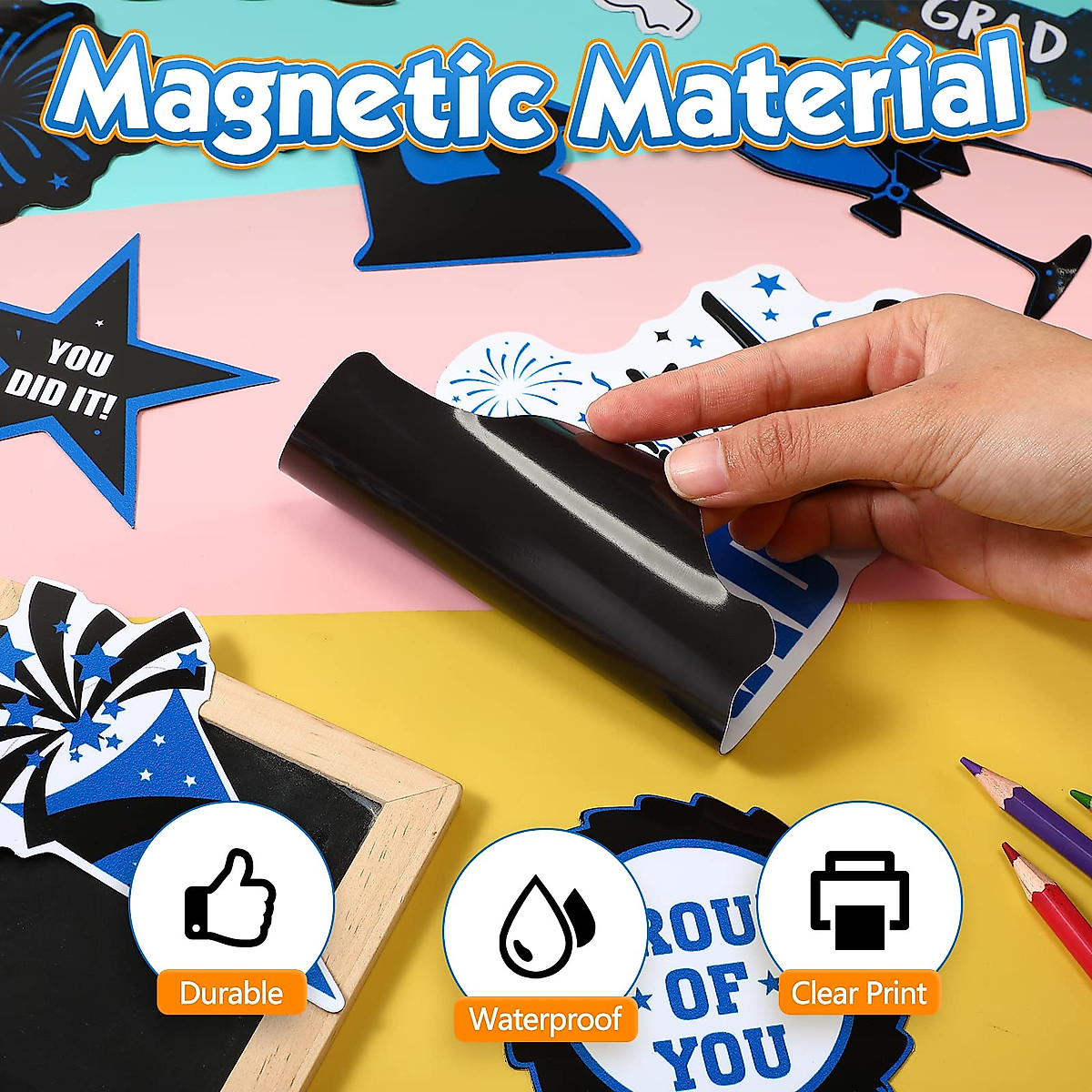 12 Pieces Graduation Magnetic Decals Decorations Congrats Grad Car Magnets Happy Graduation Magnetic Fridge Decoration Proud of You Magnet Decal Trencher Cap Fridge Magnets Graduation Stickers (Blue)