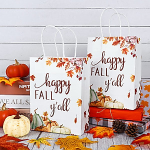 AnyDesign 16Pcs Happy Fall Y'all Gift Bags Autumn Maple Leaves Pumpkin Pattern Paper Bag with Handle for Thanksgiving Day Fall Themed Wedding Birthday Bridal Shower Party Favors, 5.9 x 8.3 x 3.2 Inch