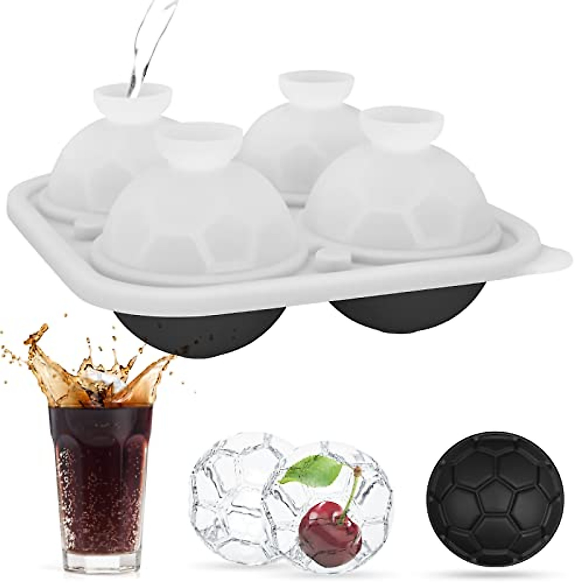 Koilox 3D Soccer Ball Molds Ice Cube Trays Black Silicone,4x Large Ice Ball Maker with Lid Easy Release BPA Free 2.2 Inches Sphere Ice Moulds for Freezer,Whiskey,Cocktail,Juice,Bourbon