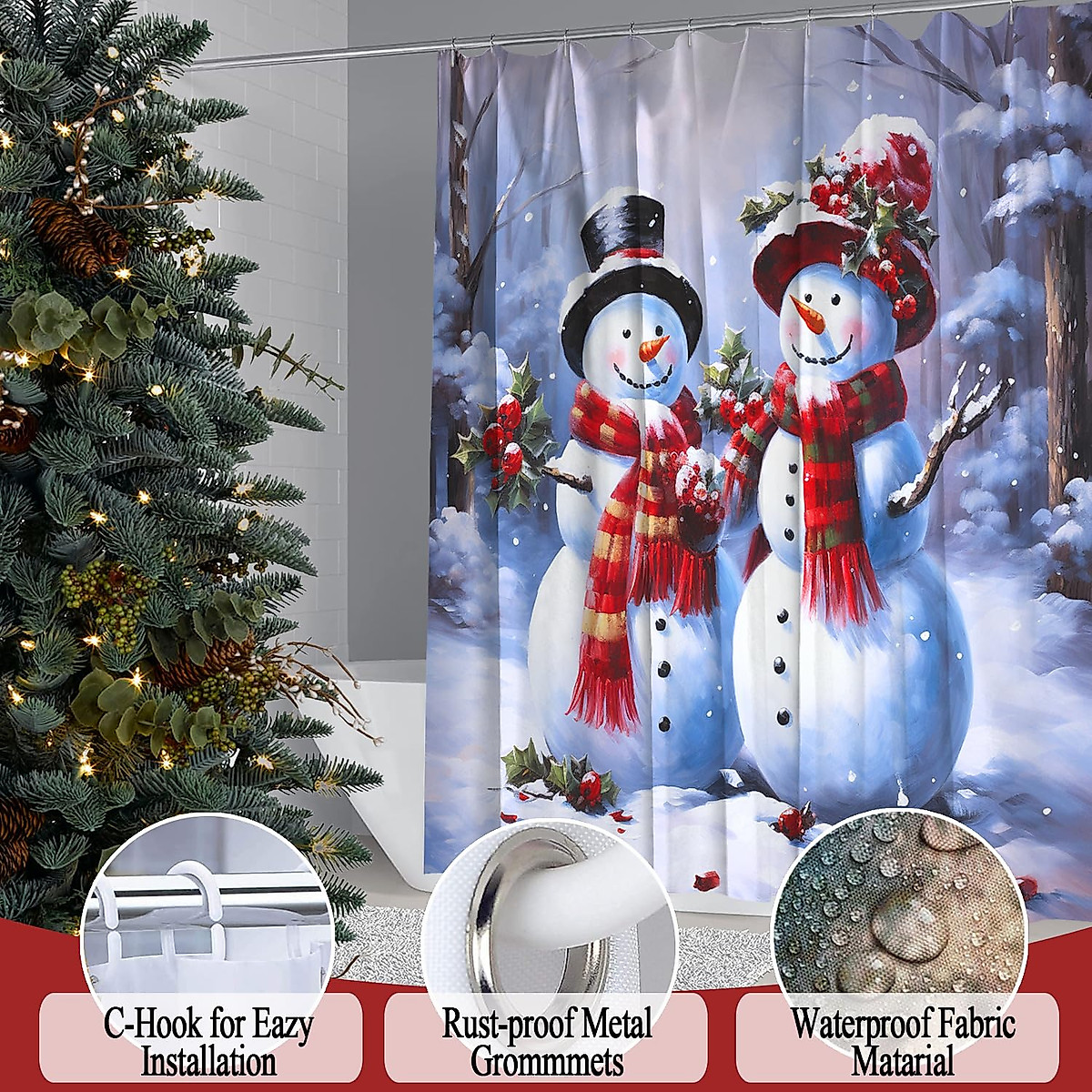XVWJ 4Pcs Christmas Tree Snowman Shower Curtain Set with Rugs, Dreamy Snowman Couples Bathroom Set with Shower Curtains with Hooks, Waterproof Fabric Christmas Bathroom Decorations Shower Curtain Set
