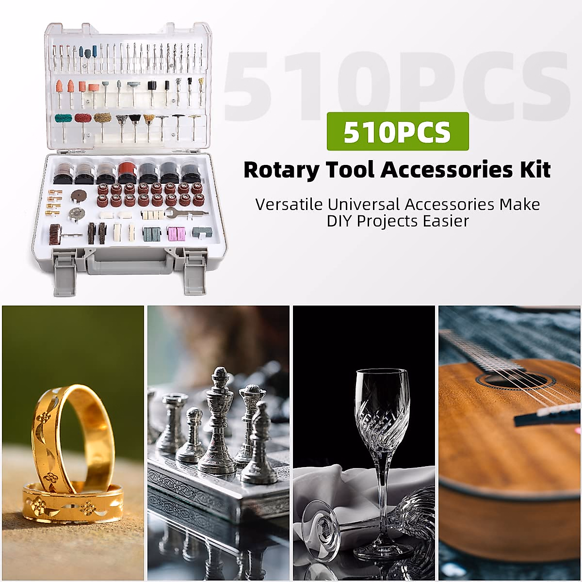 Huepar Tools Rotary Tool Accessories Kit, 510Pcs Accessories Kit,1/8 inch(3.2mm) Diameter Shanks, Universal Accessories for Easy Cutting, Sanding, Grinding, Carving, Polishing, Drilling and Engraving