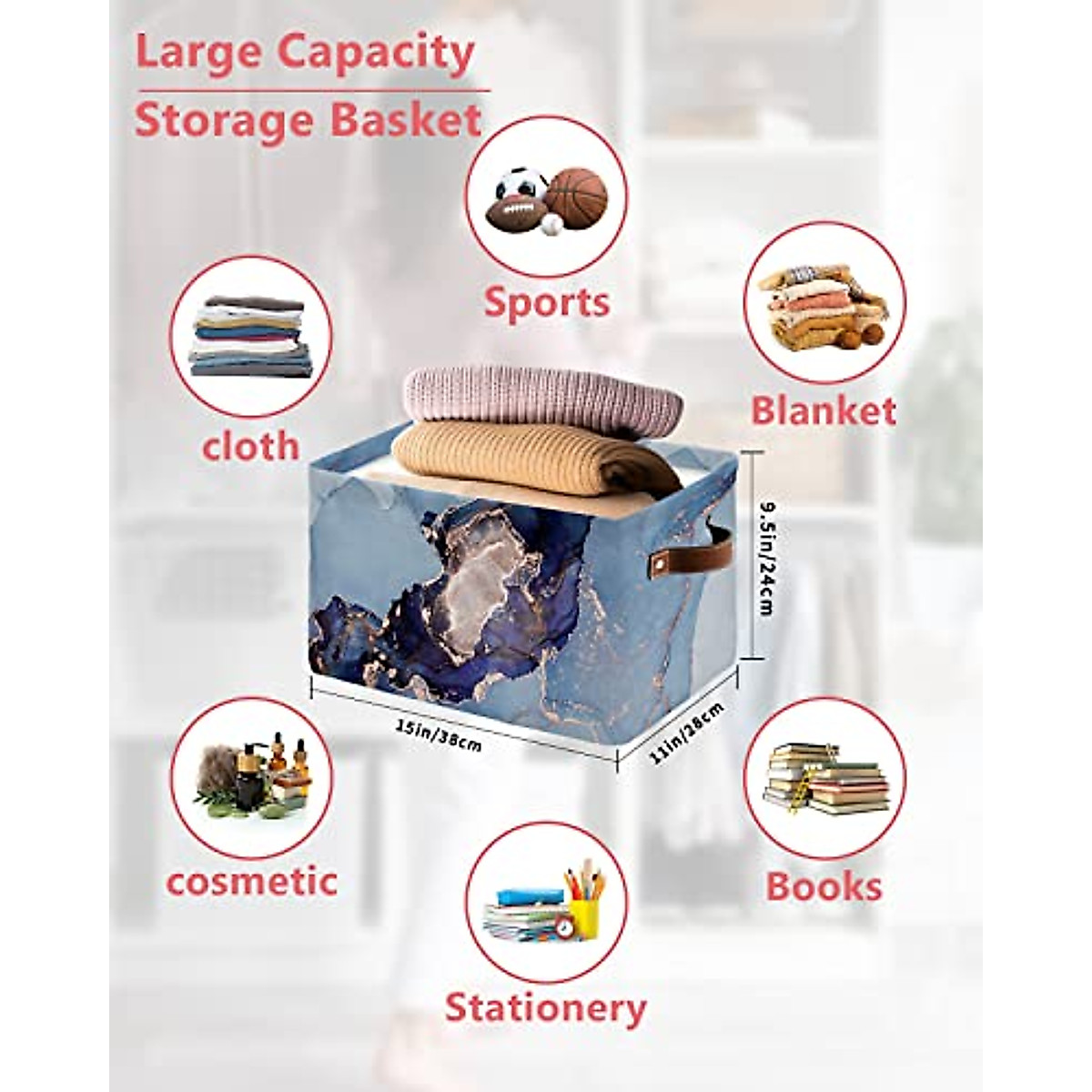 Blue Purple Aqua Marble Texture Storage Bins 2 Pack, Large Waterproof Storage Baskets for Shelves Closet, Chinese Abstract Art Ombre Storage Basket Foldable Storage Box Cube Organizer with Handles