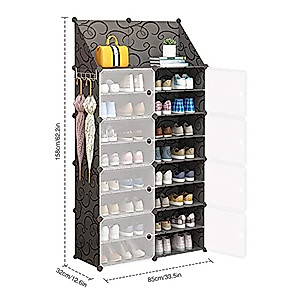 Jomifin Shoe Rack Storage Cabinet with Doors, Key Holder, Portable Shoes Organizer, Expandable Standing Rack, Storage 32-64 Pairs Shoes, Boots, Slippers (2x8 tier) (Black)