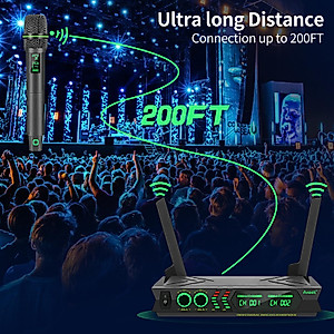 Aveek Wireless Microphone System, Dual UHF Cordless Microphones Set, 200ft Range Handheld Karaoke Microphones with Receiver for Singing, Speech, Party, Church, DJ, Wedding,