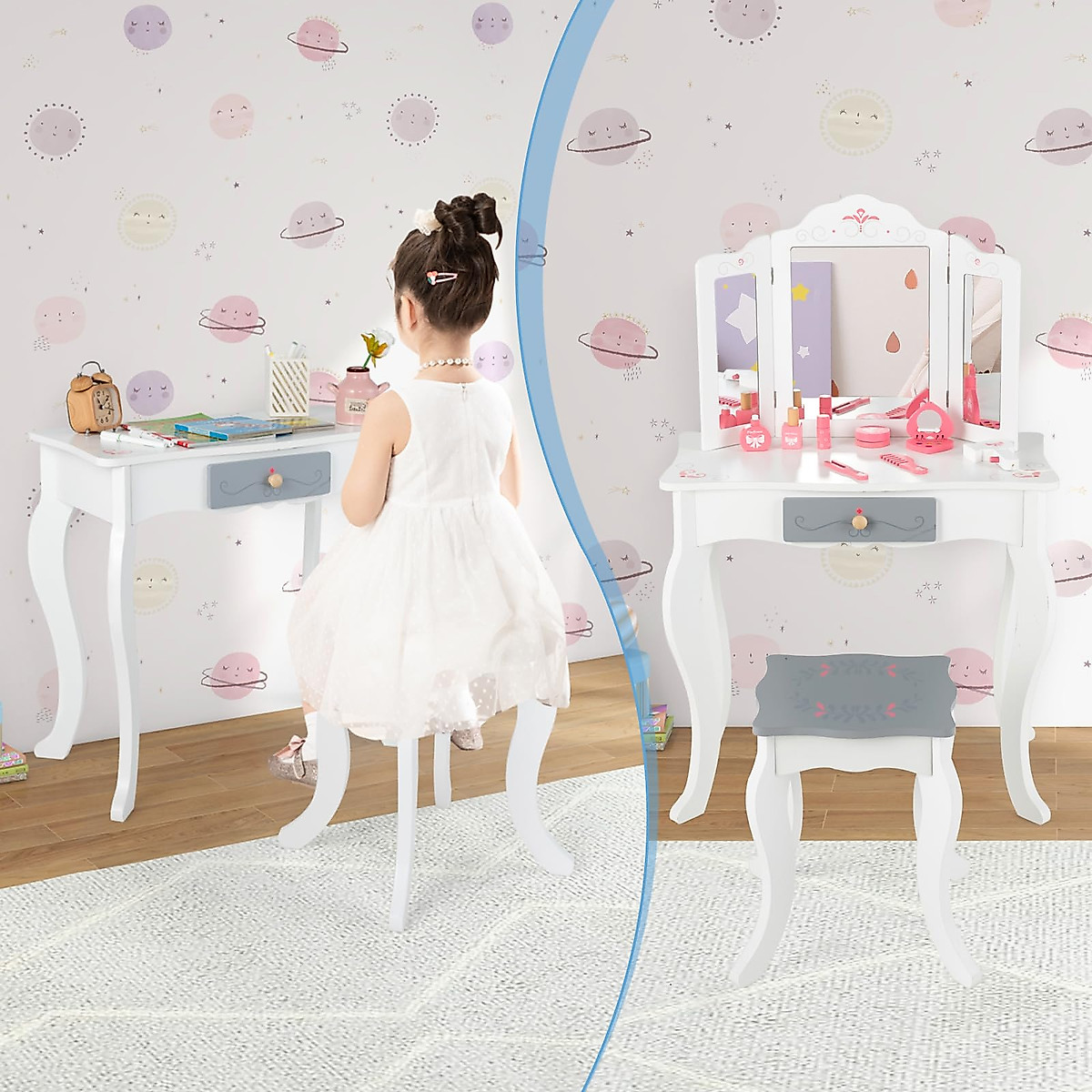 INFANS Kids Vanity, 2 in 1 Princess Makeup Table and Chair Set with Tri-Folding Detachable Mirror 10 Accessories Wooden Dressing Table, Beauty Pretend Play Vanity Set for Toddler Girls Gift (White)