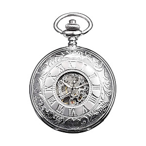TREEWETO Men's Mechanical Skeleton Pocket Watch for Mens Women Roman Numerals Dial Silver Tone Double Case Pocket Watches