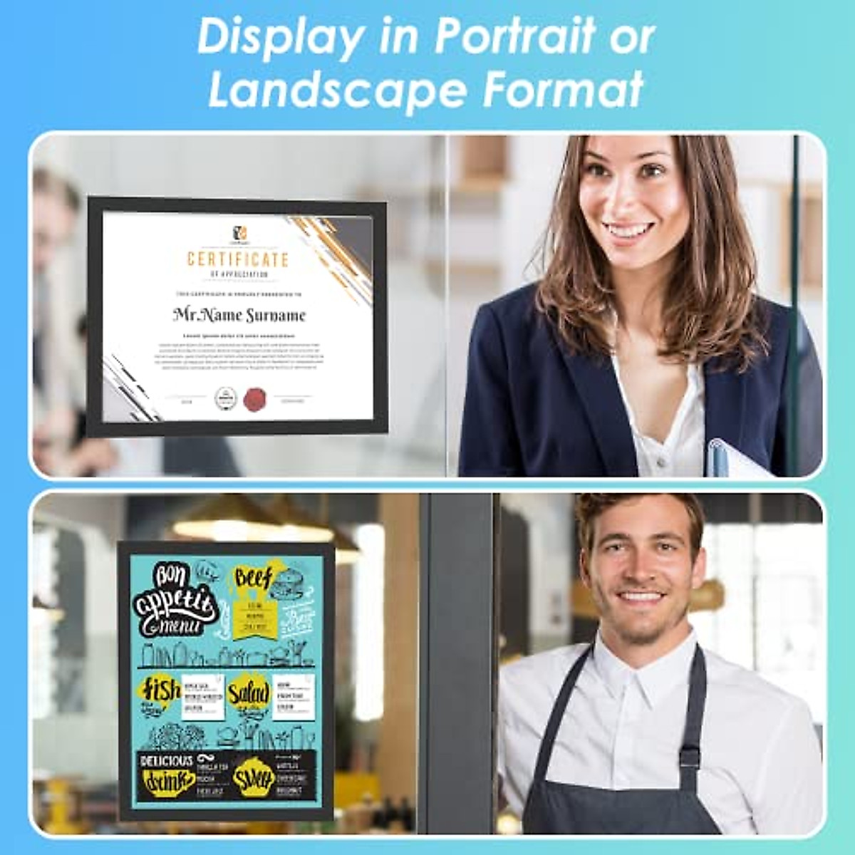 MaxGear Magnetic Sign Holder 8.5 x 11 Wall Mount, Self Adhesive Display Picture Frames with Strong Magentic Border and Clear PVC, Document Poster Paper Holder for Home Office Store (Black, 3 Pack)