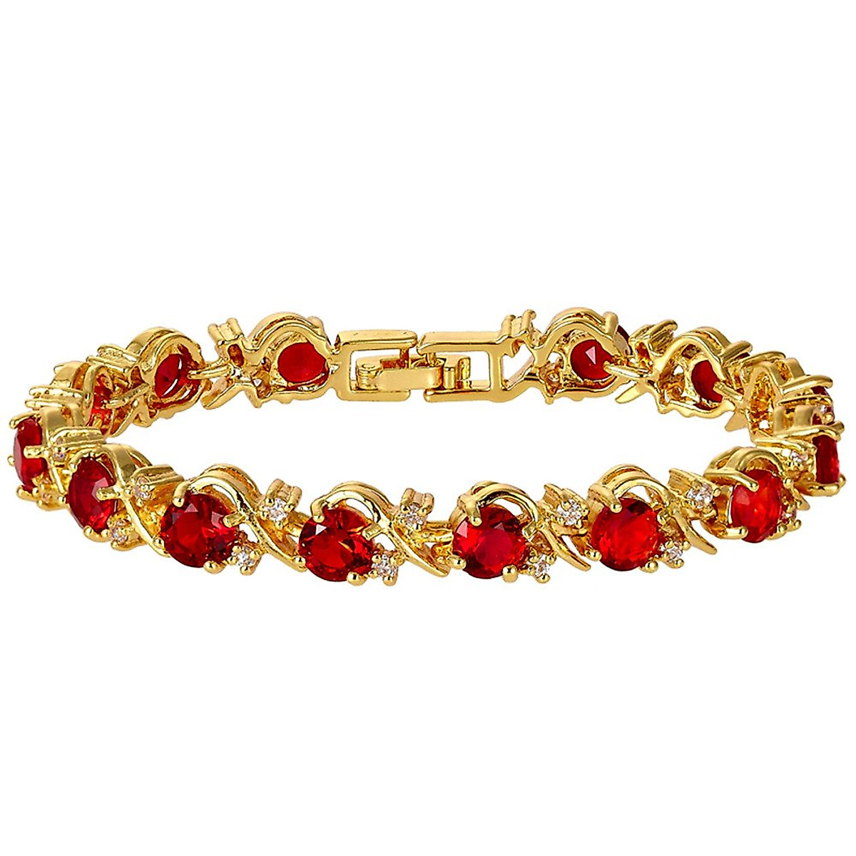 RIZILIA BLOSSOM Tennis Bracelet & Round Cut CZ [Simulated Red Ruby] in Yellow Gold Plated, 7"