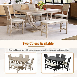Wood Half Round Dining Table Set, Modern 6-Piece Kitchen Table Set with Long Bench and 4 Dining Chairs, Padded Chairs & Bench Set of 6, Half Round Legs Dining Table (Natural+beige,Half Round Legs)