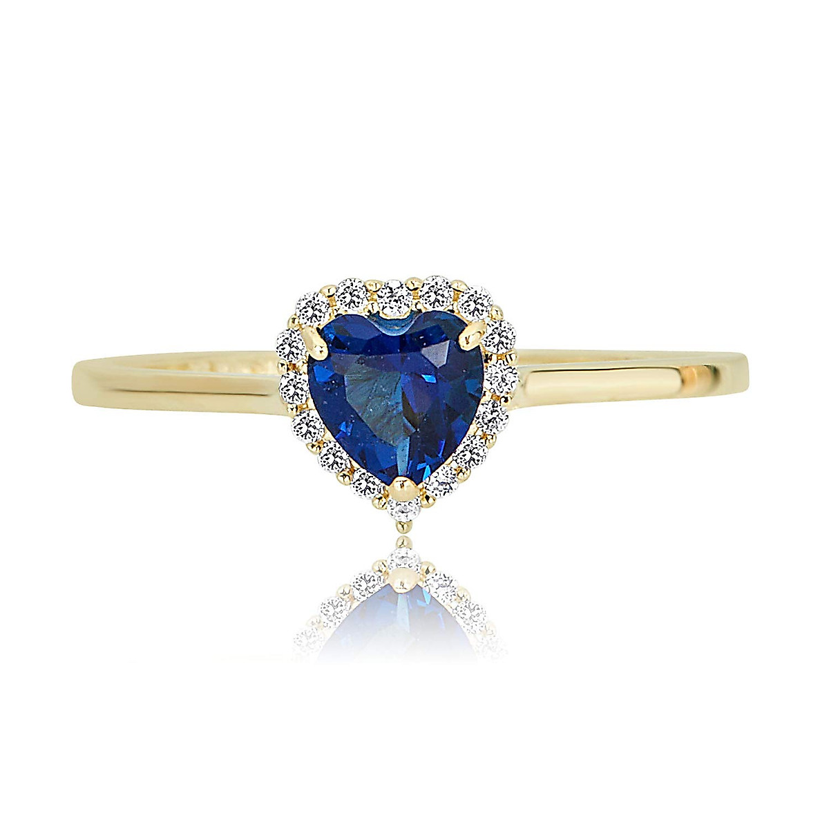 AVORA 10K Yellow Gold September Birthstone- Blue Sapphire with Simulated Diamond CZ Heart Halo Fashion Ring - Size 8