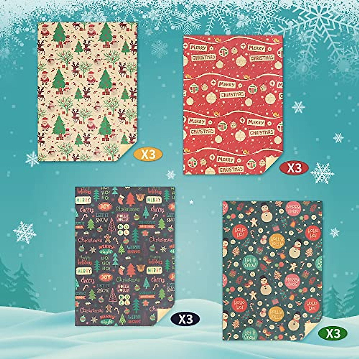 Christmas Wrapping Paper, Gift Wrapping Papers, 20 x 28 inches per sheet, Santa Snowmen Deer Bell Tree Kraft Wrapping Paper for Family Friends Kids lovers on Christmas or Birthday(4 Designs 12 sheets)