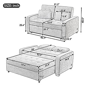 Gynsseh Pull Out Sofa Sleeper, 3 in 1 Convertible Sleeper Sofa Bed with Dual USB Ports and 2 Pillows, Linen Upholstered Adjustable Loveseat Couch with Pull Out Bed for Living Room (Blue Gray)