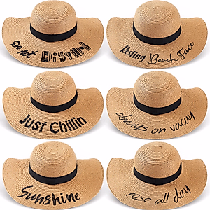 Sureio 6 Pcs Beach Hat for Women Summer Floppy Hat Embroidered Foldable Sun Hat Large Brim Adjustable Straw Hats for Women Vocation Travel