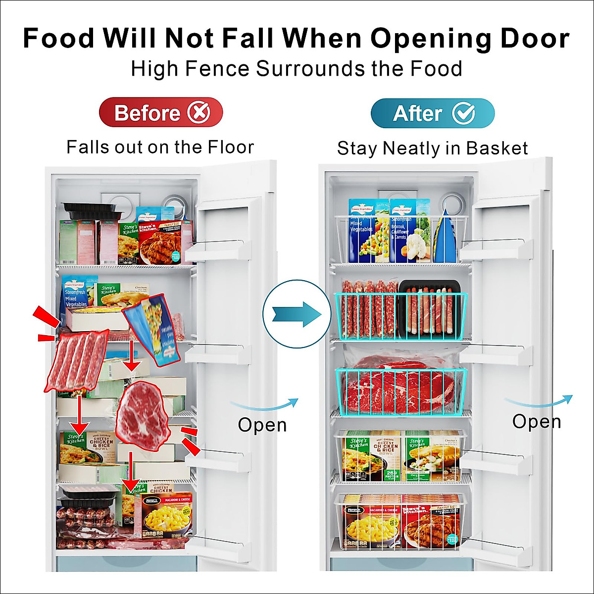 iSPECLE Freezer Organizer Bins - 4 Pack Small Freezer Bin for 5 / 6 / 6.5 / 6.8 / 7 cu.ft Standup Freezer Easy Get, Stop Food Fall out, Freezer Baskets for Upright Freezer Allow Air Circulation, White