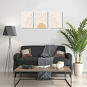Boho Wall Art Set of 3, Framed Canvas Wall Art Yellow Sun Rising on the Horizon Geometric Nature Illustrations Line Art Wall, Mid-Century Modern Prints Boho Sun Wall Decor for Living Room, Bedroom, Bathroom, Office, 12"x16" Natural