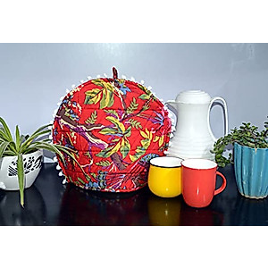 Tea Cozy Cotton Vintage Floral Tea Cosy for Teapots Keep Warm Teapot Cover Insulated Kettle Cover Tea Cozies with pom pom (Red Bird with white pom pom)