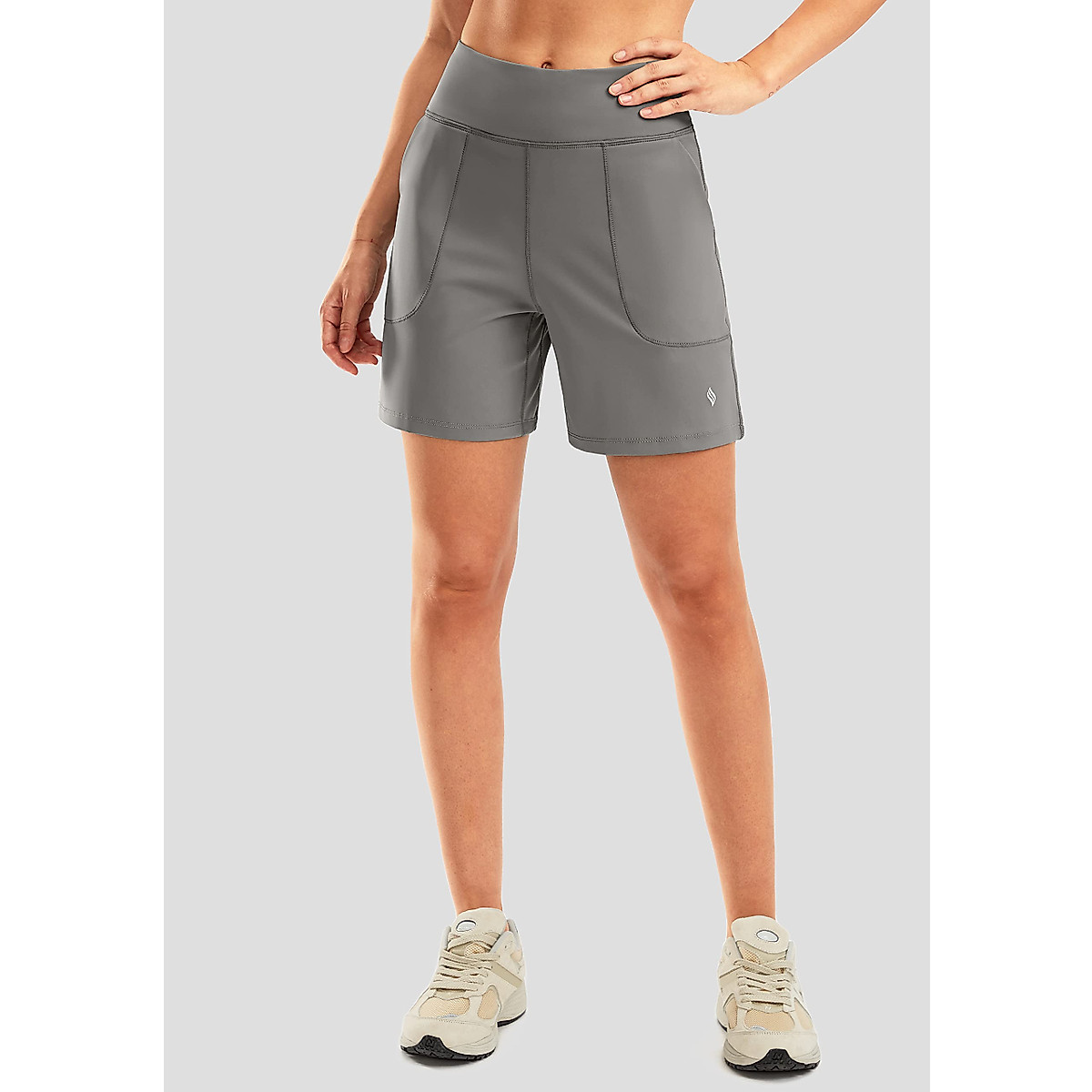 SANTINY Women's 6'' Athletic Long Shorts with 4 Pockets High Waisted Bermuda Shorts for Women Walking Running Casual (Light Grey_M)