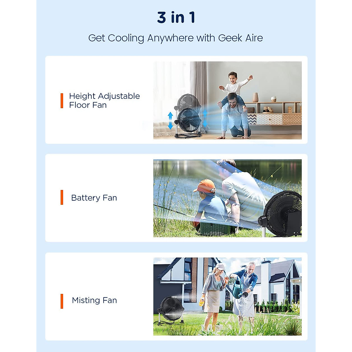 Geek Aire Battery Operated Fan with Adjustable Height and tilt, 16'' Portable Rechargeable High Velocity Misting Floor Fan with Detachable Battery, Up to 10 Hours for Outdoor Patio and Camping Gear