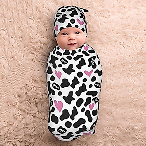 Cow Print Pink Heart Baby Stuff Newborn Swaddle and Hat Set Stretchy Soft Funny Baby Receiving Blanket Gifts for Infant Baby Boy Girl