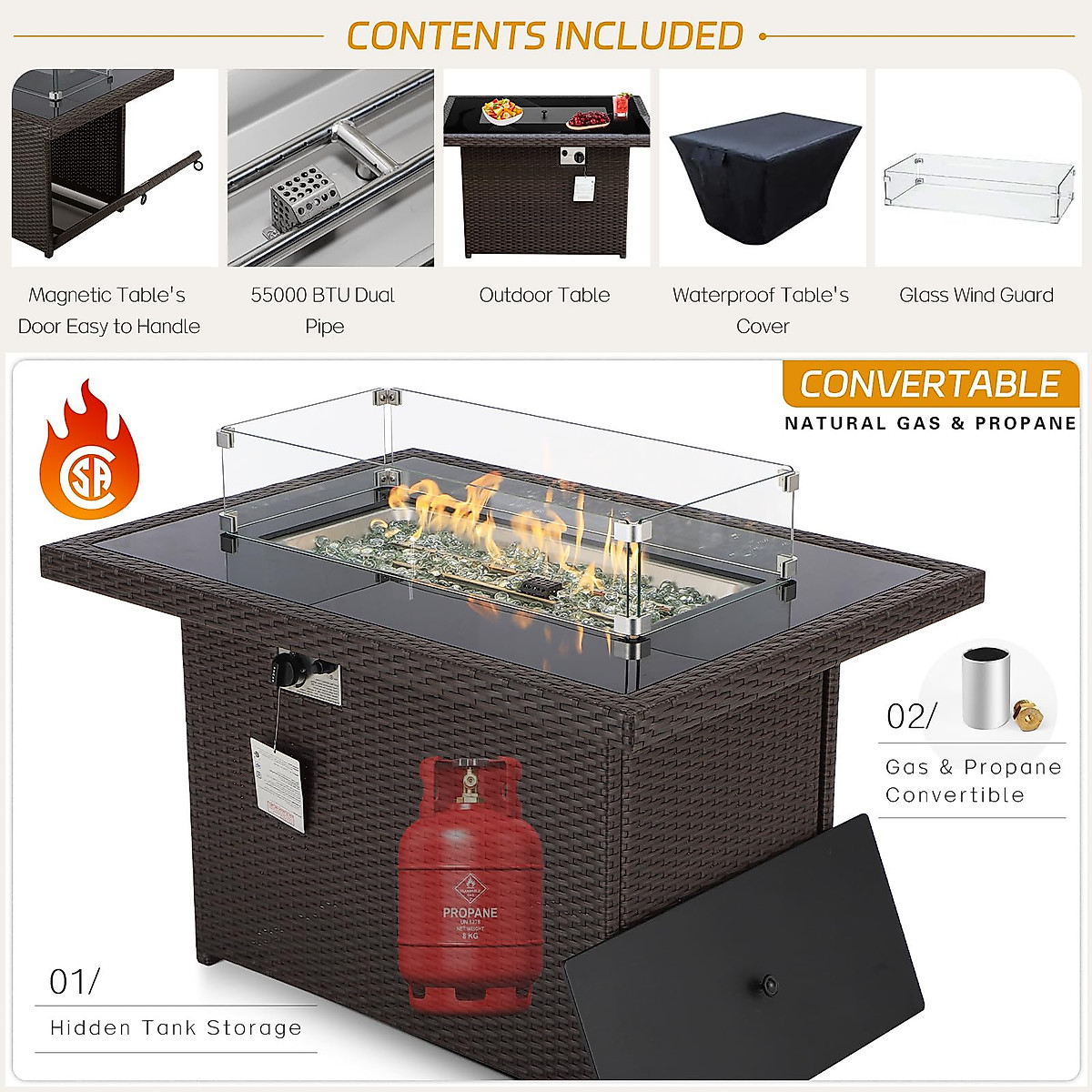 BULEXYARD High Back Brown PE Rattan Outdoor Patio Furniture Set with Propane Fire Pit Table, Large Wicker Outside Sectional Furniture Sofa Conversation Sets for Backyard(Beige, 7Pcs)