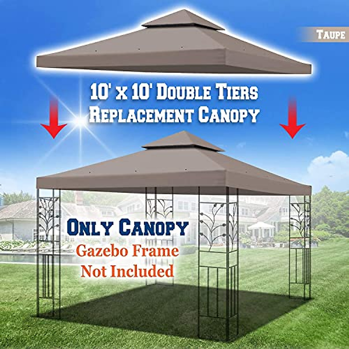YardGrow 10'x10' Gazebo Canopy Replacement Top, Double Tiered Outdoor Canopy Cover Patio Pavilion Garden (Taupe)