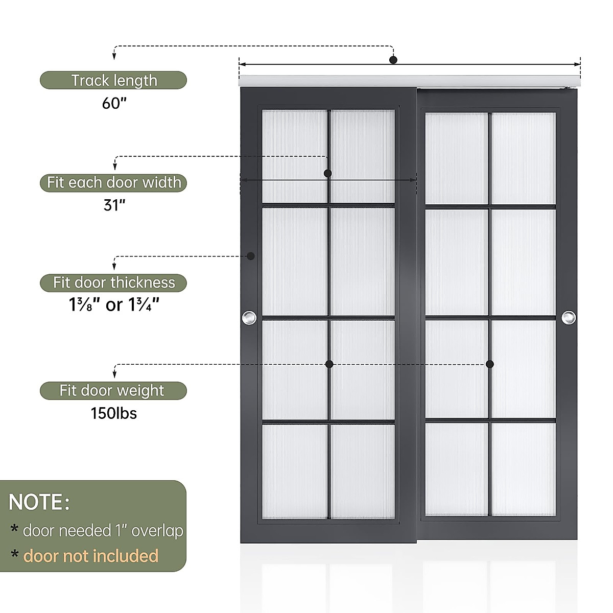 EaseLife 5FT/60in Bypass Double Sliding Pocket Door Hardware Kit,Commercial Grade,Aluminum,Bypassing Wardrobe Closet Door Track for 2 Door System,Slide Smoothly Quietly,Easy Install,No Doors