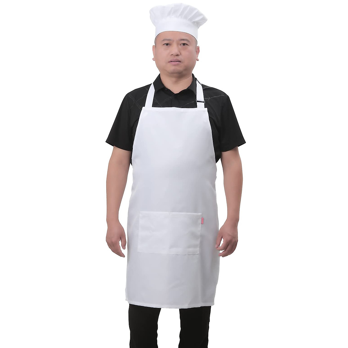 ALIPOBO Bib Aprons Set for Women and Men, Kitchen Chef Apron with 2 Pockets and 40" Long Ties, Plus Size Adjustable Apron and Hat for Cooking - 32" x 28" - White