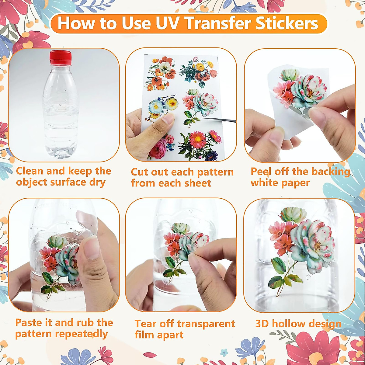 6 Sheets Floral Rub On Transfers for Crafts, 5.5 x 4 Inch Rub On Transfers Stickers, Flower Rub-On Transfers Decals for DIY Wood Paper Water Bottle
