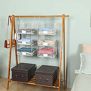 Jautokerdar 6 Tiers Hanging Closet Shelves Organizer with Name Plate S Hooks, Wall Mount&Cabinet Wire Storage Basket Bins, for Clothing Sweaters Shoes Handbags Clutches Accessories