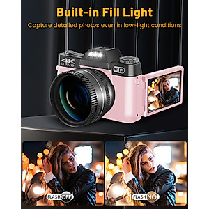 4K Digital Camera VJIANGER 48MP WiFi Vlogging Camera for YouTube with 180° Flip Screen, 16X Digital Zoom, 52mm Wide Angle & Macro Lens, 2 Batteries, 32GB TF Card(W02-Pink33)