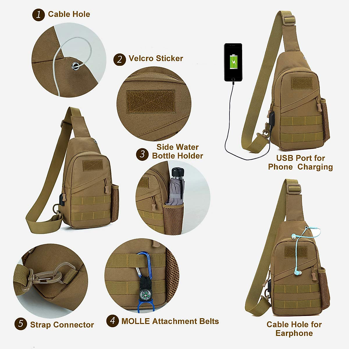 BraveHawk OUTDOORS Tactical Sling Crossbody Bag, 800D Military Nylon Oxford Utility EDC Chest Pack Shoulder Daypack Organizer