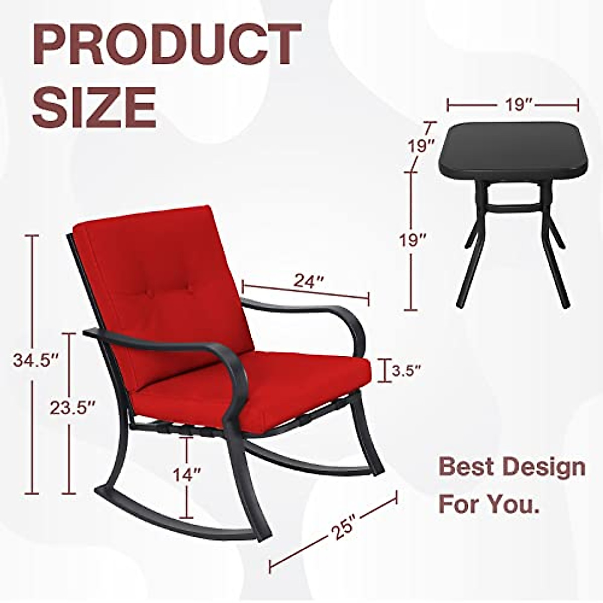 Omelaza 3 Pieces Outdoor Rocking Bistro Set, Patio Steel Furniture, Porch Chairs Conversation Set with Thickened Cushion and Glass Top Coffee Table (Red)